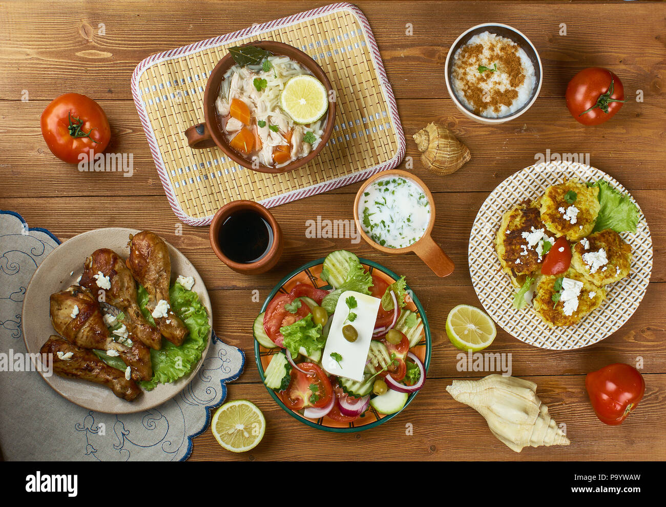 Greek cuisine , Traditional assorted dishes, Top view Stock Photo - Alamy