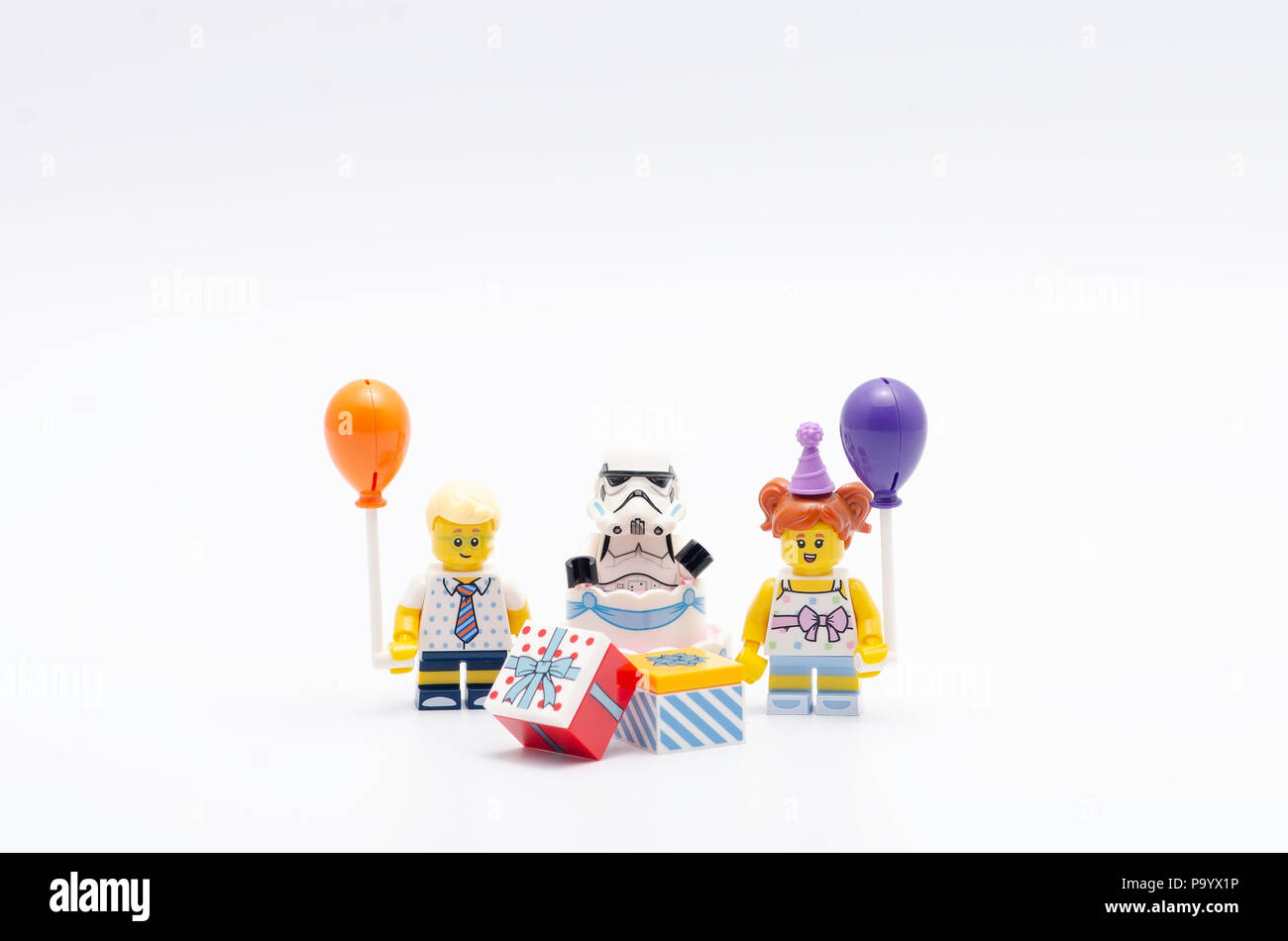 lego storm trooper with a boy and a girl holding balloon. Lego ...