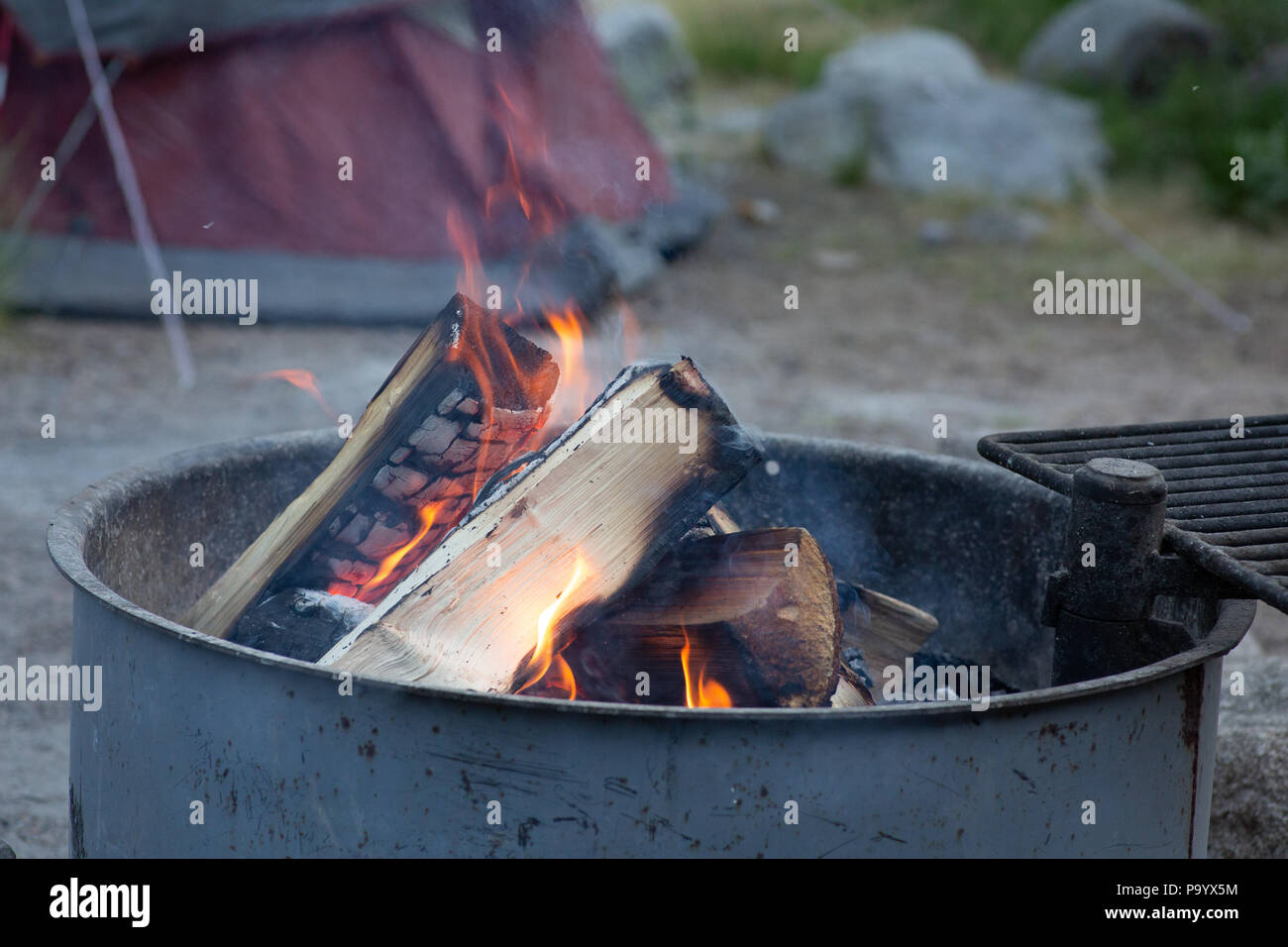 Campfire burning on a summer night camping with the family at the ...