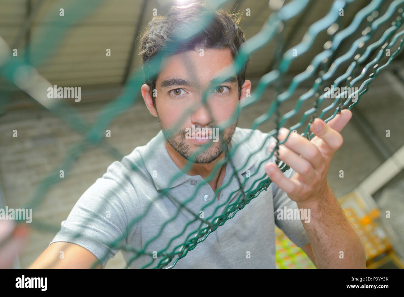 Worker handling wire netting Stock Photo - Alamy