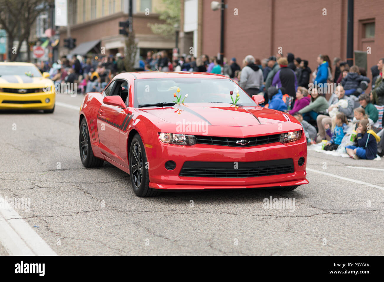 Holland, Michigan, USA - May 12, 2018 Chevrolet Camaros going down the ...