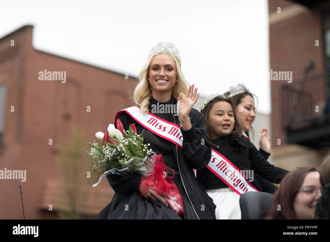Holland, Michigan, USA - May 12, 2018 Beauty queen riding on a ford ...