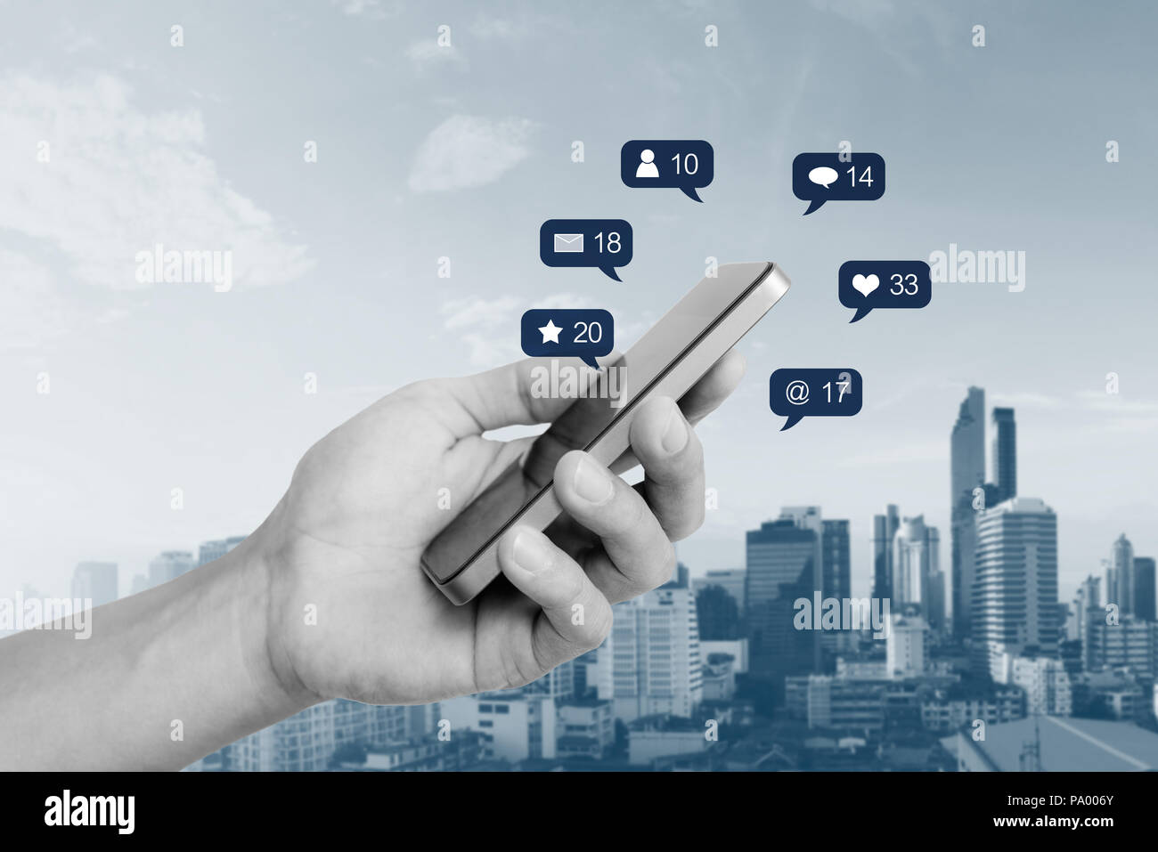 Hand holding mobile smart phone, with social media and social network ...