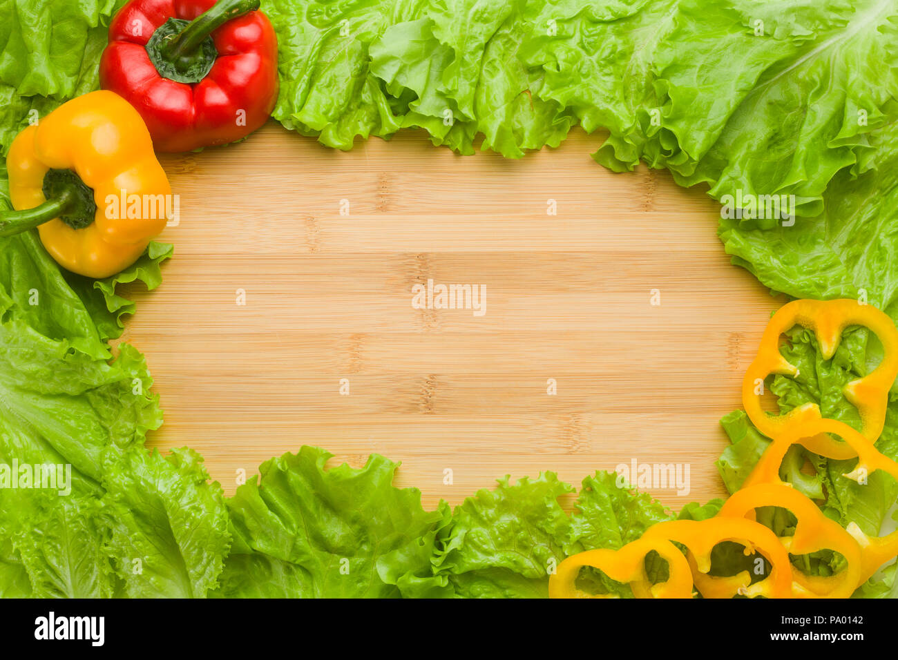 Copy space on a wooden or bamboo background, covered with vegeta Stock ...