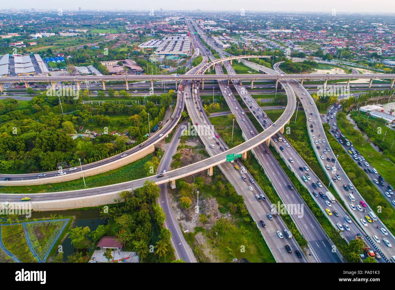 Aerial view transport city overpass road with vehicle movement ...