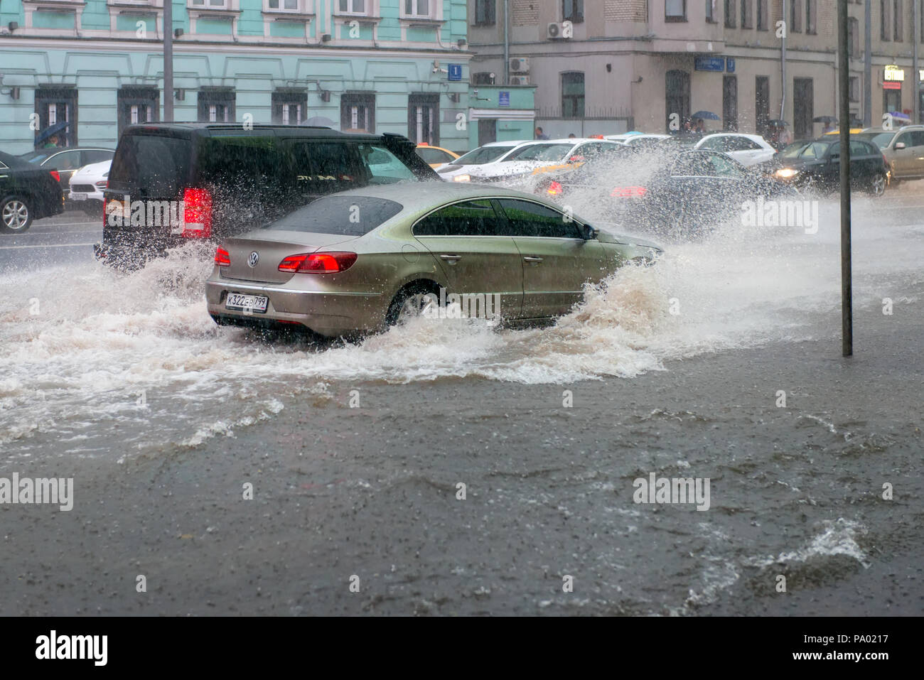 MOSCOW, RUSSIA - JULY 19, 2018: Heavy rain flooded the Moscow street ...