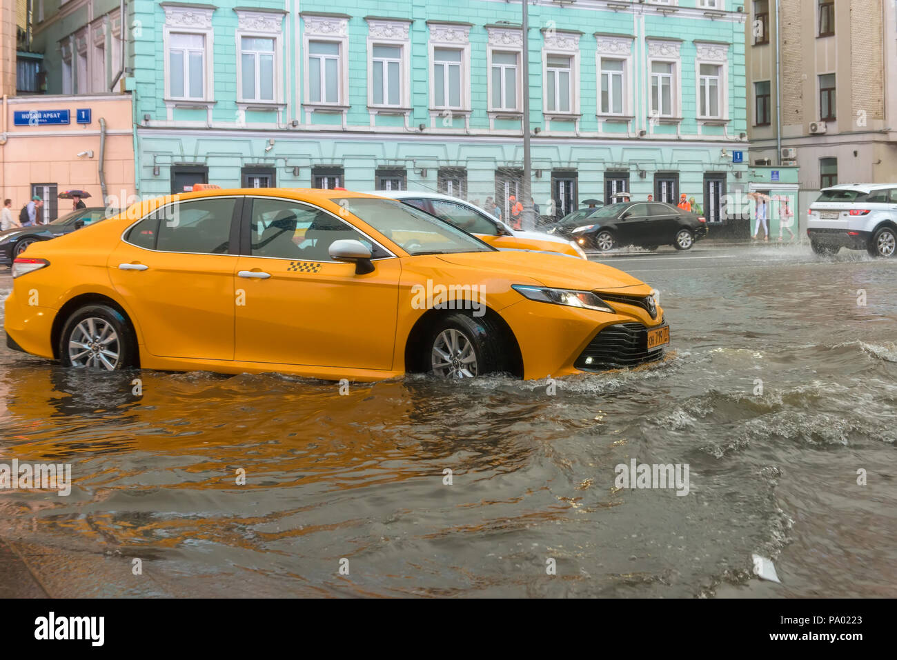 MOSCOW, RUSSIA - JULY 19, 2018: Heavy rain flooded the Moscow street ...