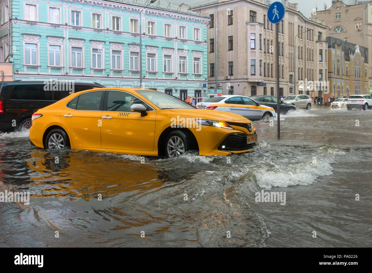 MOSCOW, RUSSIA - JULY 19, 2018: Heavy rain flooded the Moscow street ...