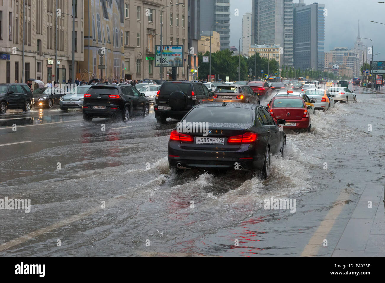 MOSCOW, RUSSIA - JULY 19, 2018: Heavy rain flooded the Moscow street ...