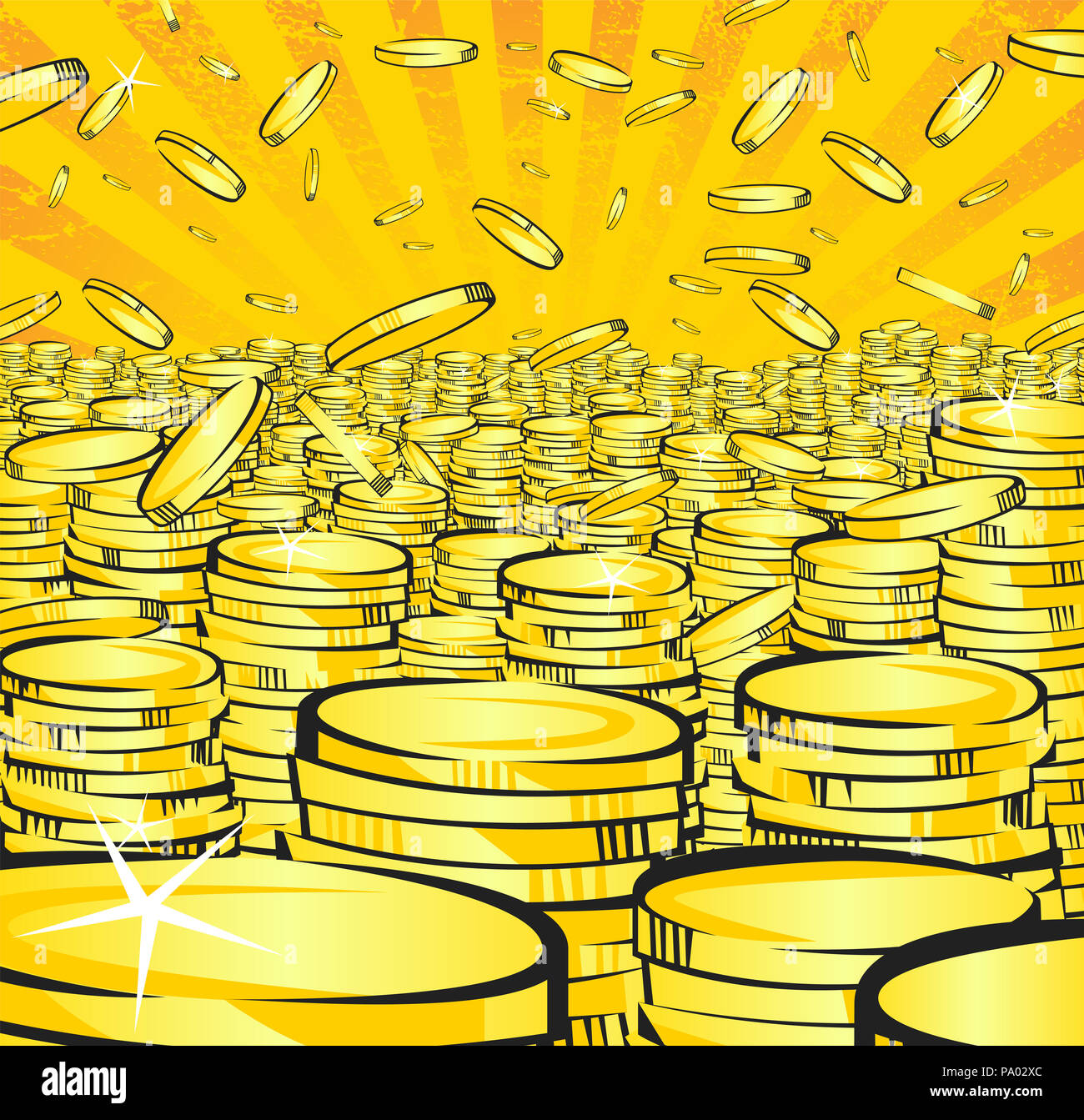 Golden money rain. Falling gold and stacks of coins. Retro vector ...