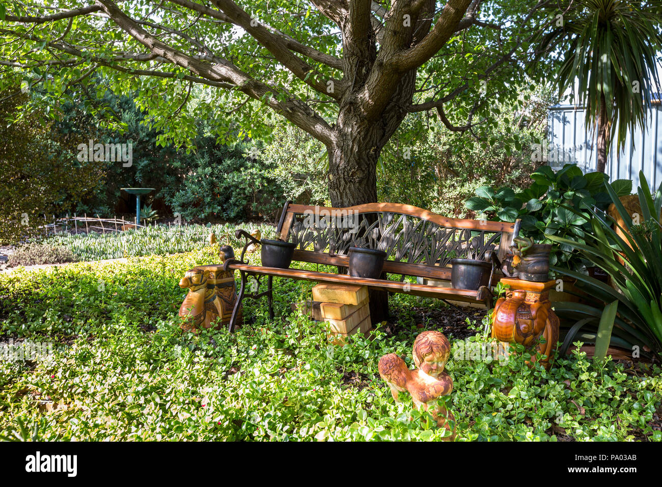 Shady area Garden seat with pots shrubs Stock Photo - Alamy