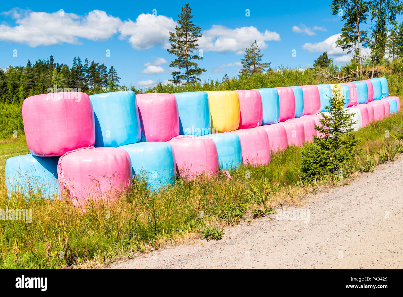 Colorful silage bales stacked in nature Stock Photo - Alamy