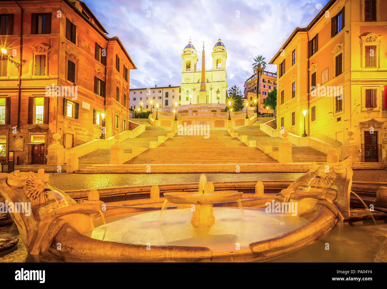 famous Spanish Steps with boat fountain illuminated at blue night, Rome ...