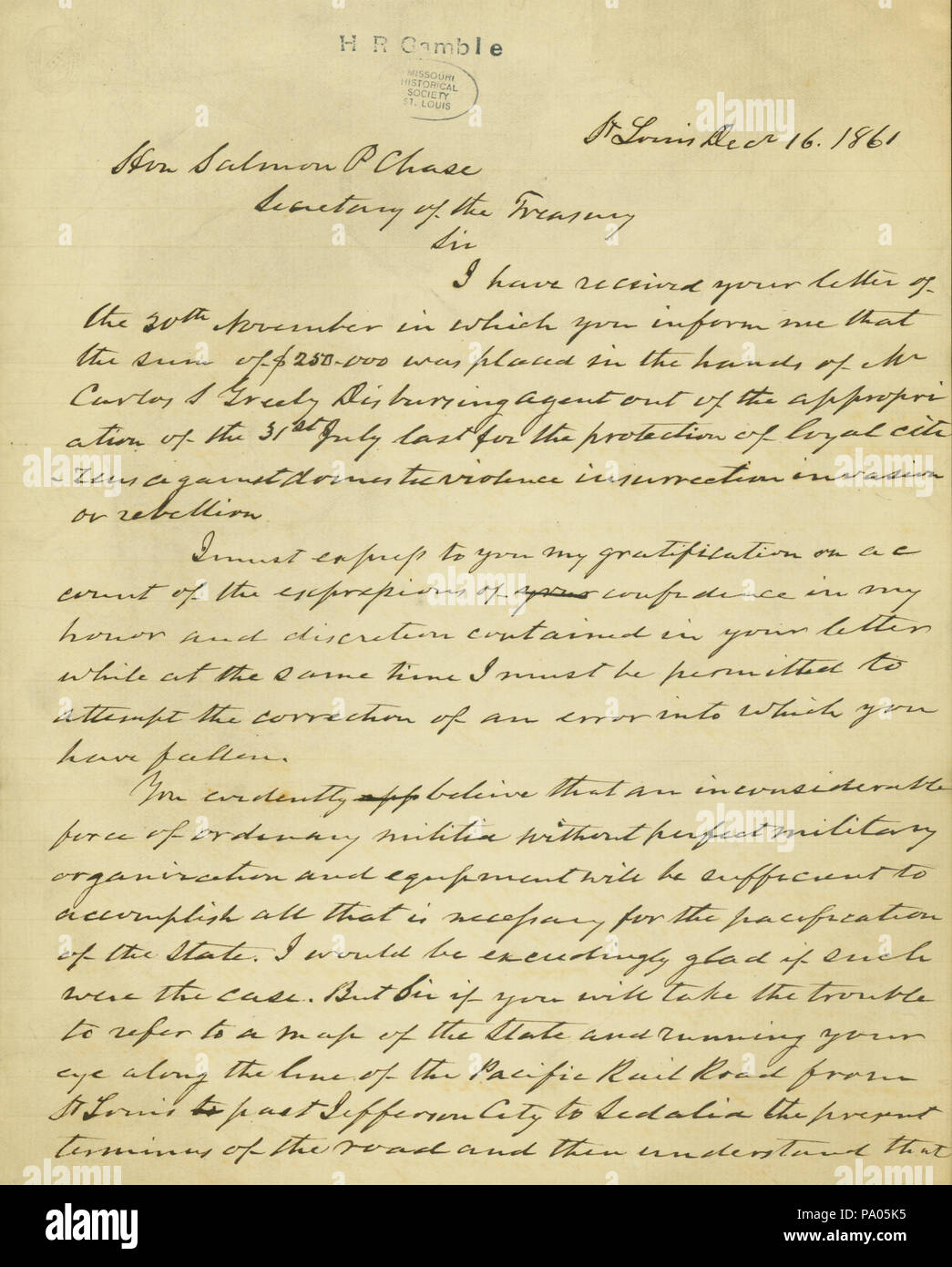 590 Draft of letter of Hamilton R. Gamble, St. Louis, to Hon. Salmon P ...