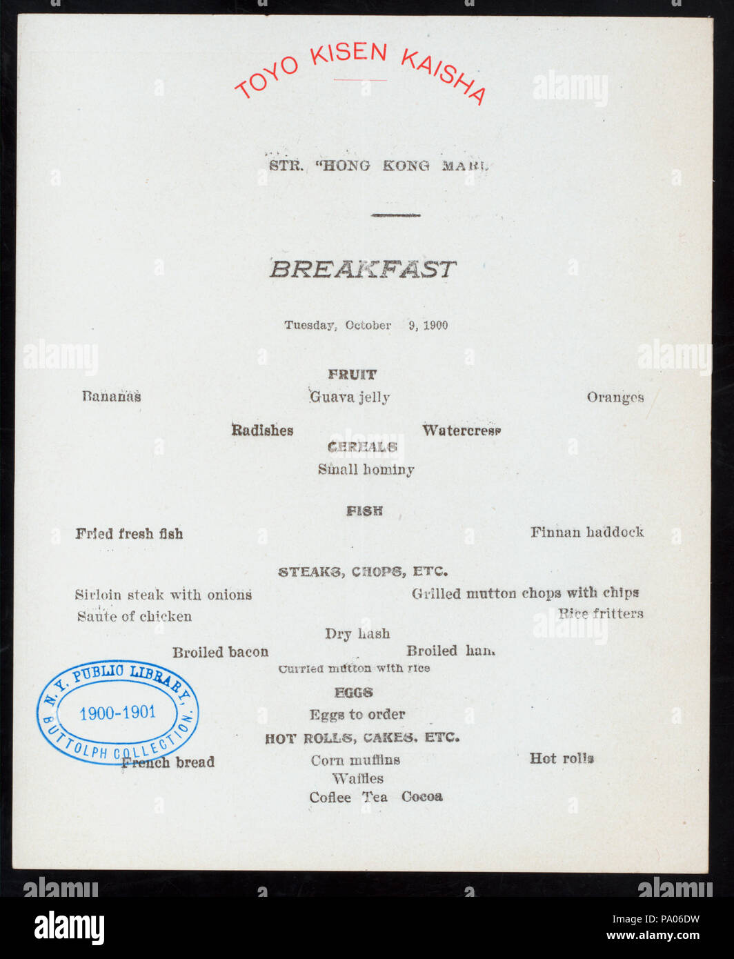 243 BREAKFAST (held by) TOYO KISEN KAISHA - HING KONG MARU (at) EN ...
