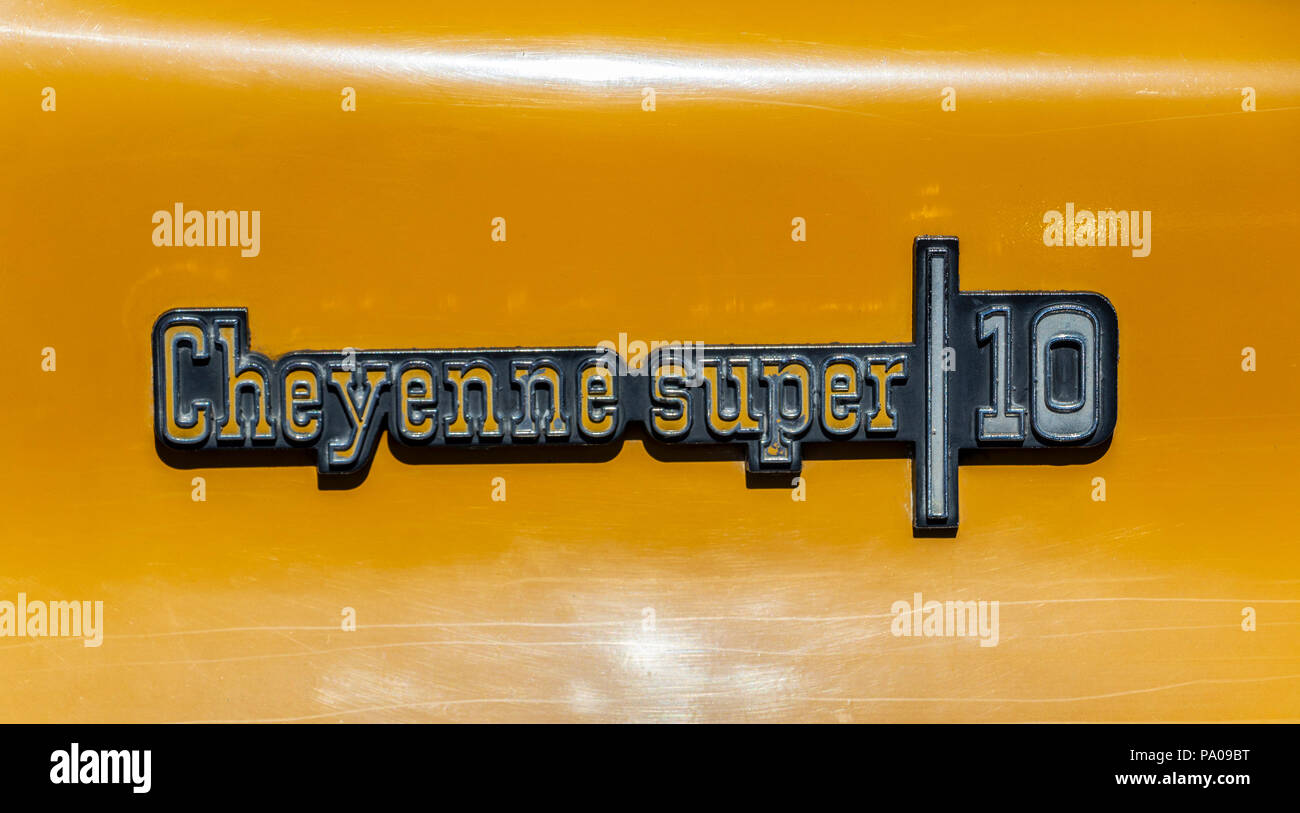 vintage Chevrolet C/K Cheyenne super 10 chrome badge logo in close up ...