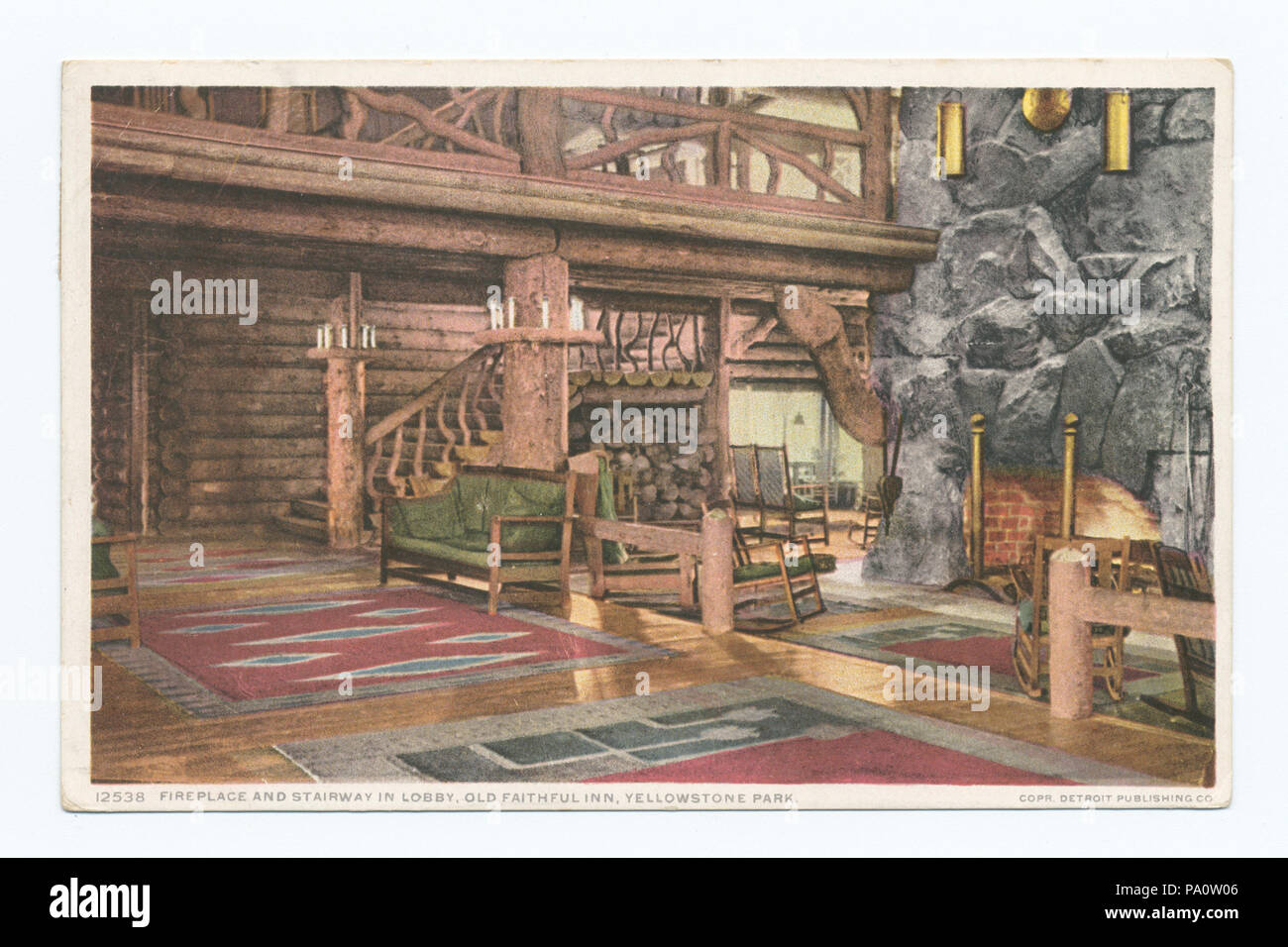 649 Fireplace, Stairway in Lobby, Old Faithful Inn, Yellowstone Ntl ...