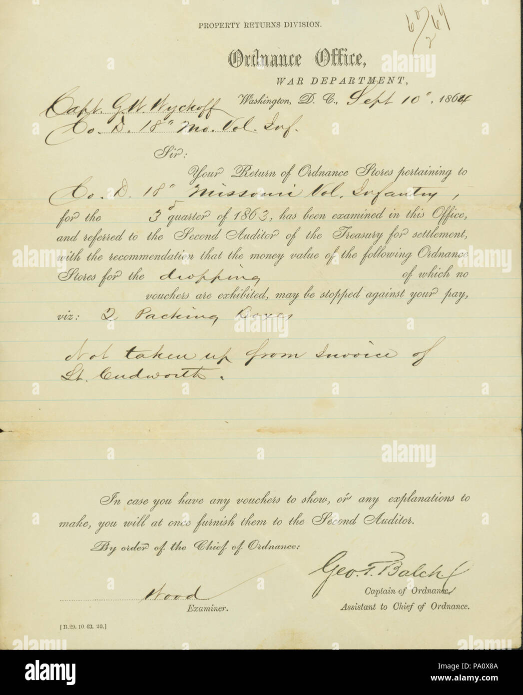 662 Form letter signed George T. Balch, Property Returned Division ...