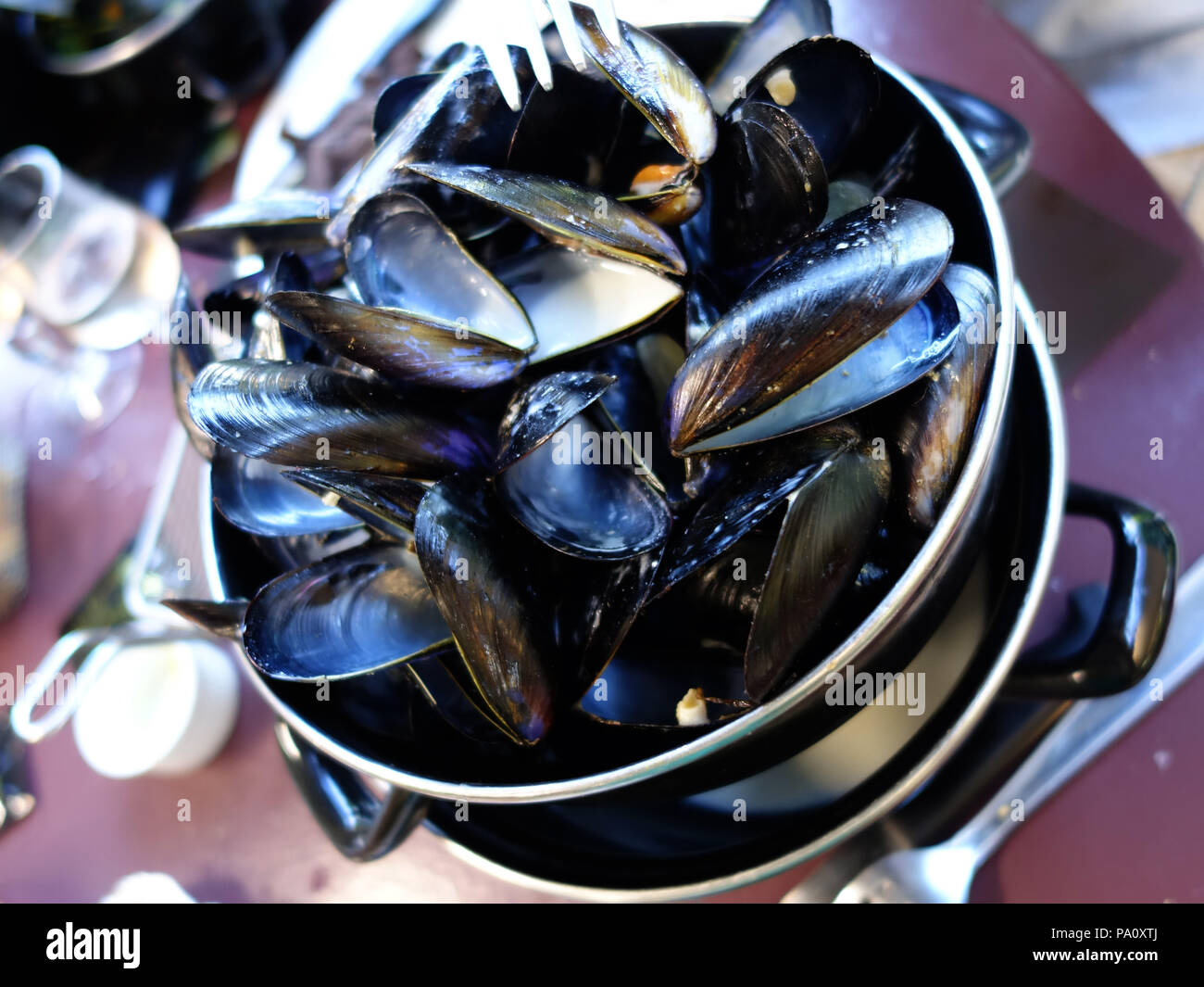 A dish full of mussel shells after seafood meal of moules in the South ...