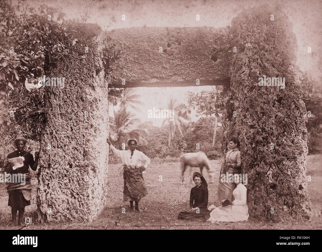 . English: Front view of Remarkable Stones; [Mua, Tonga, c1880 to 1889 ...