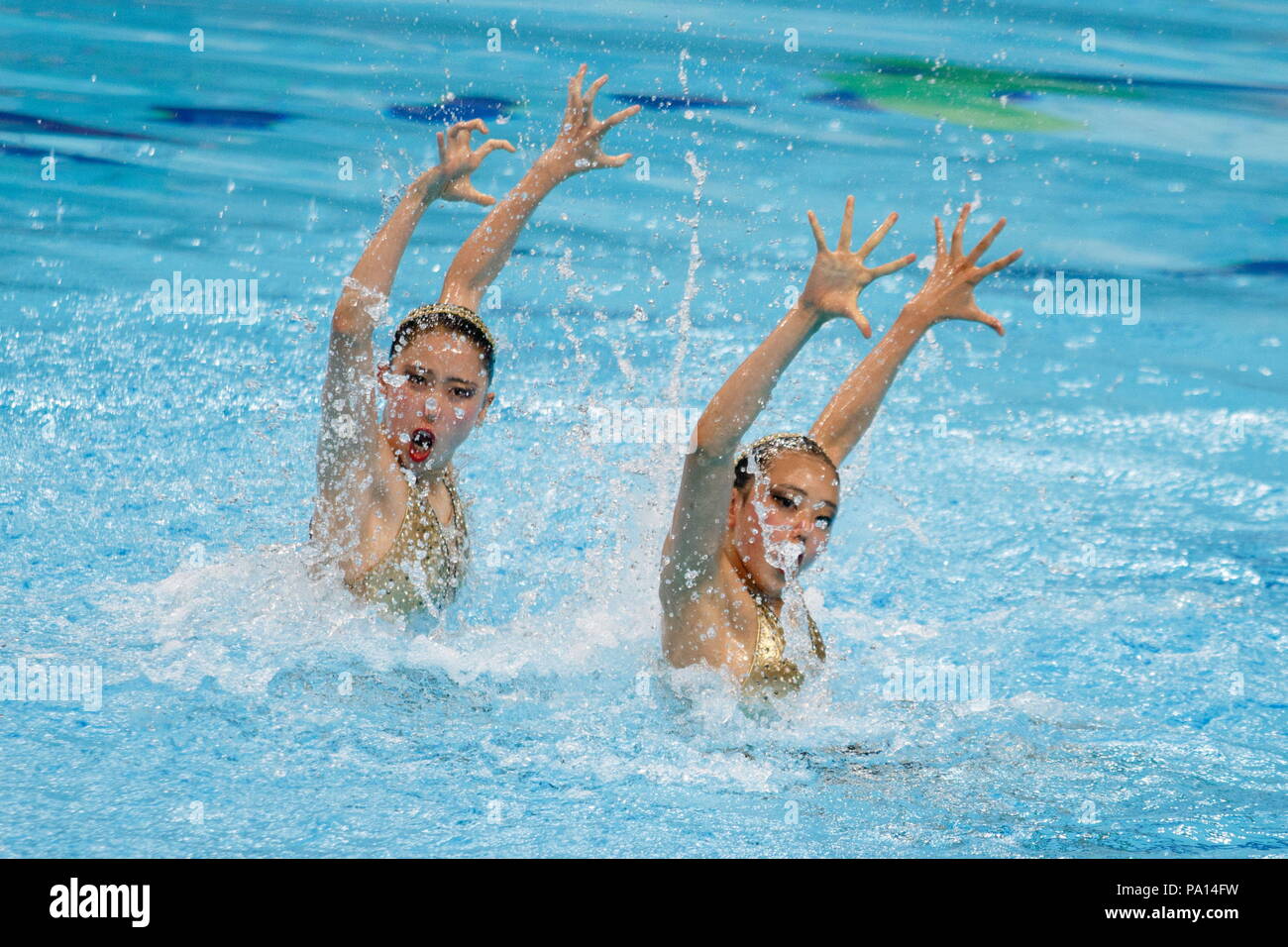 Budapest. 19th July, 2018. Wada Ami and Fujiwara Mana of Japan perform ...