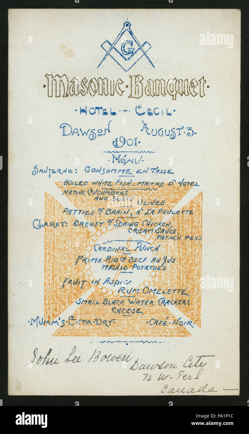 178 BANQUET (held by) MASONIC SOCIETY (at) "HOTEL CECIL, DAWSON CITY ...