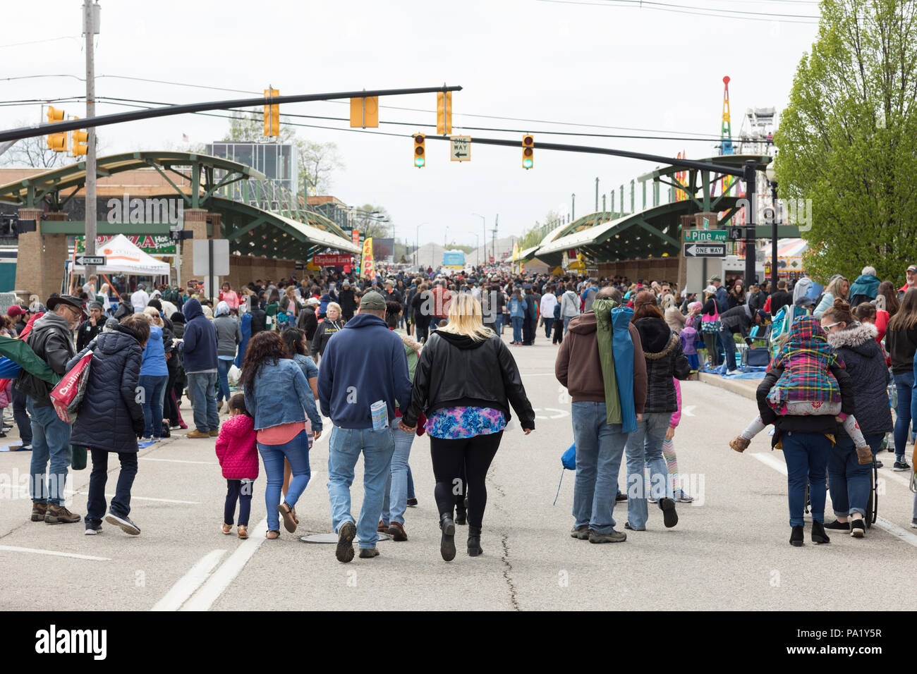 Holland, Michigan, USA - May 12, 2018 View of the street full of people ...
