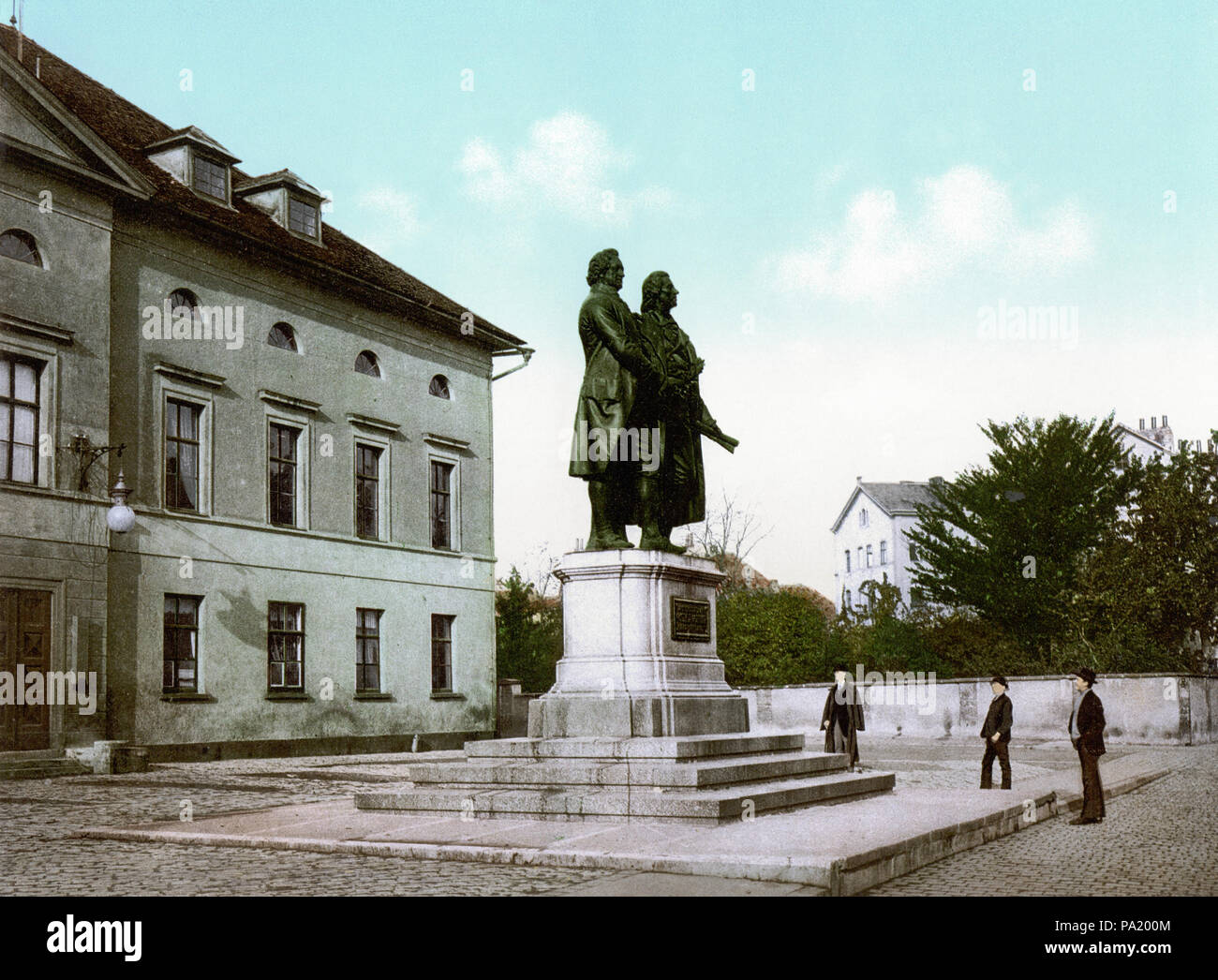 . English: The Goethe and Schiller statue in Weimar around 1900 ...