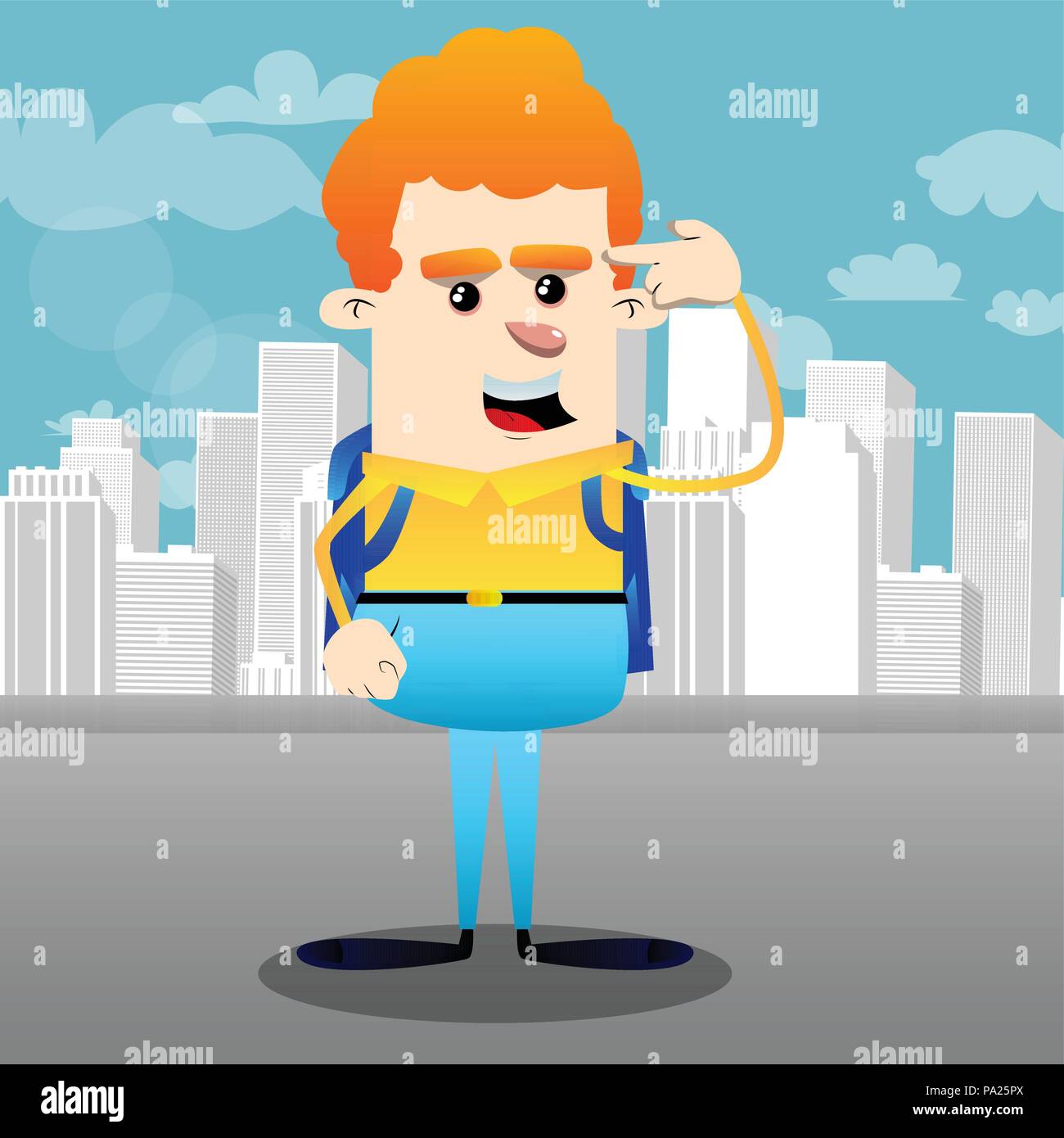 Schoolboy puting an imaginary gun to his head. Vector cartoon character ...