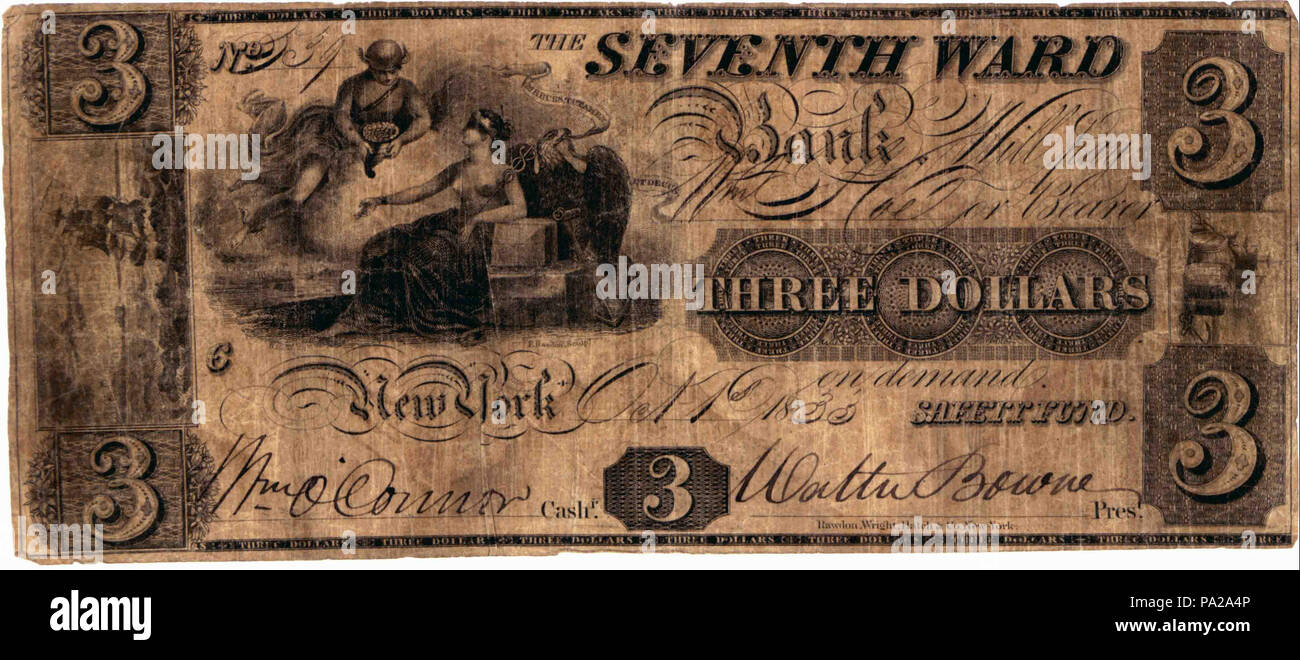 . English: The front side of a $3 bill issued by the 7th Ward Bank of ...