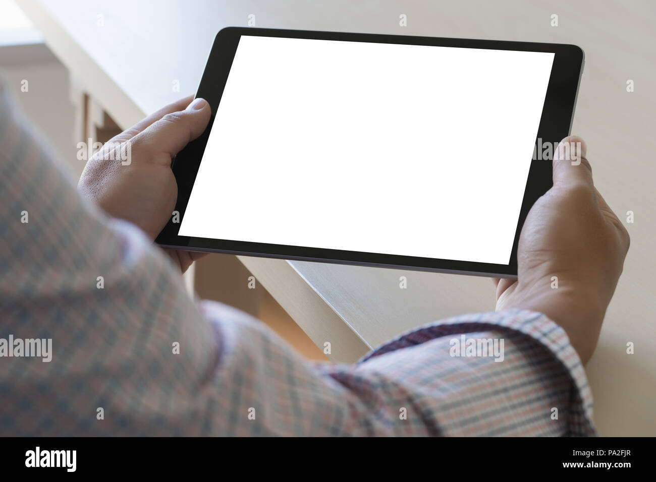 Digital tablet computer close up man using tablet hands man ...