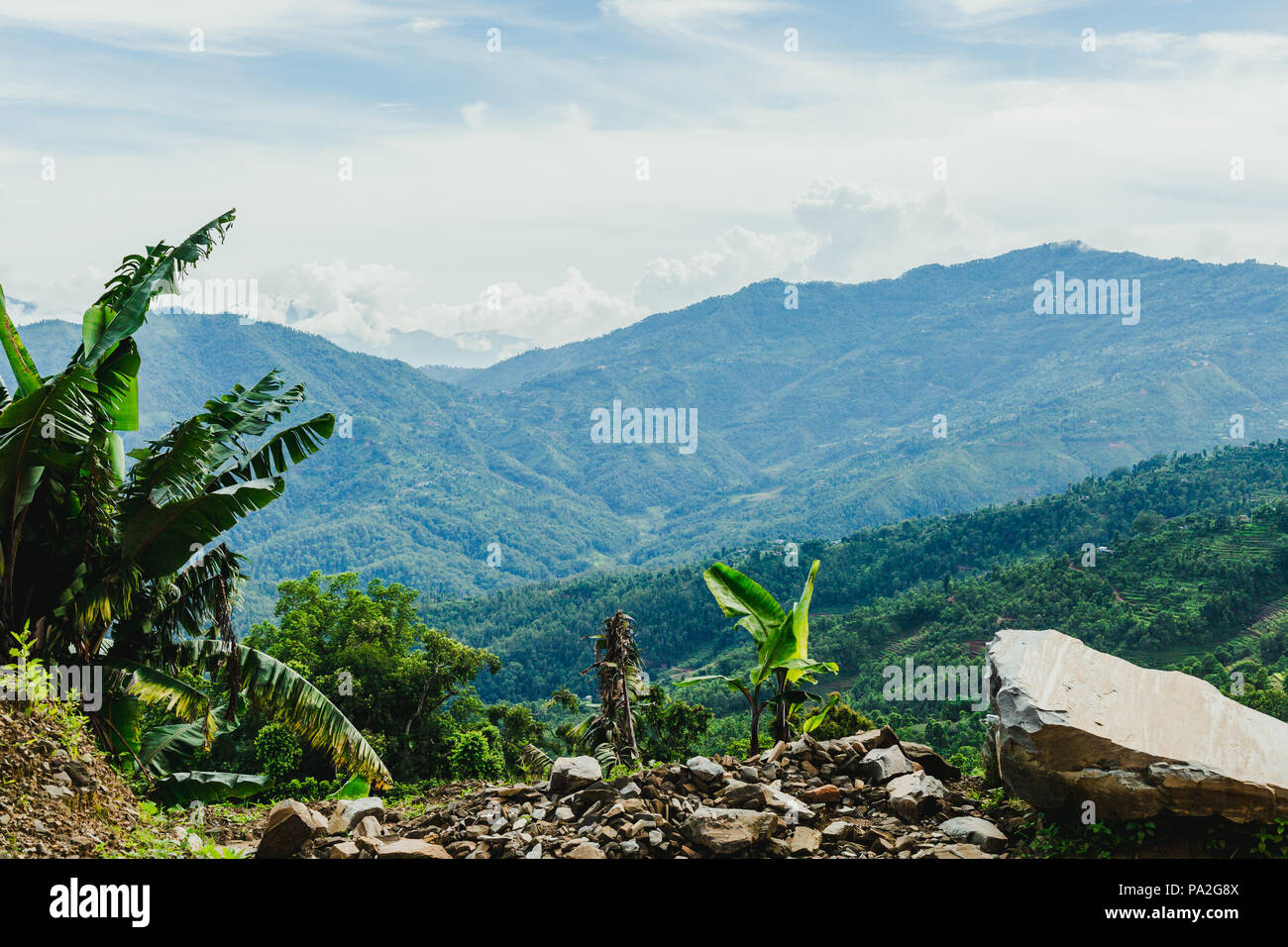 Scenery of beautiful Nepali rural village with mountains and green ...