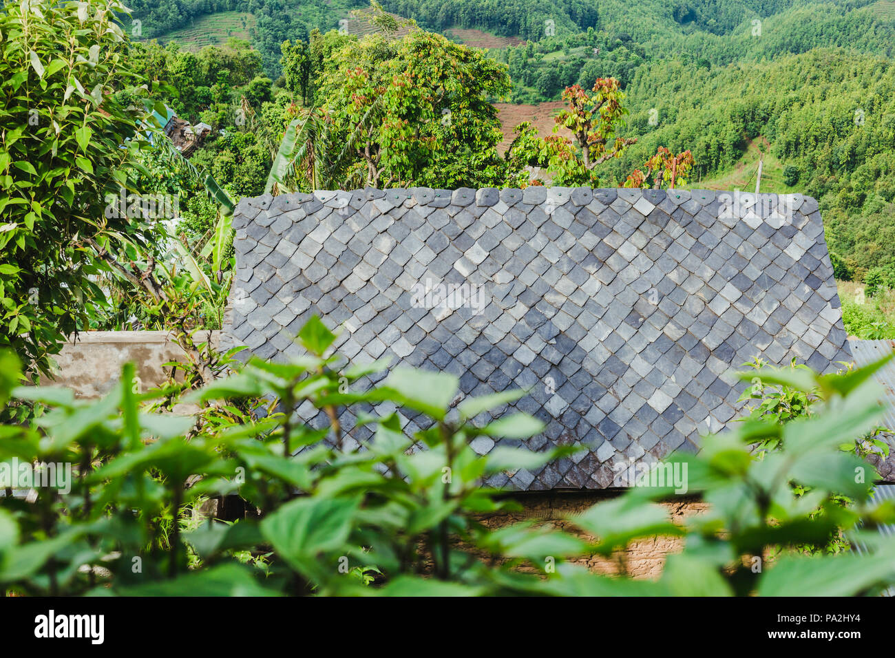 Scenery of beautiful Nepali rural village with mountains and green ...