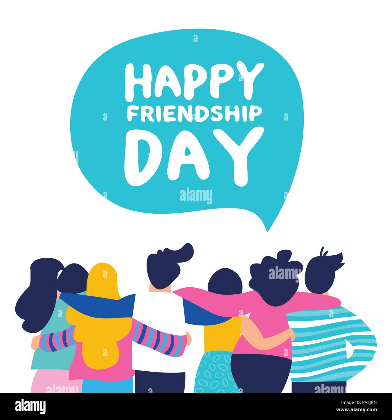 Happy friendship day greeting card with diverse friend group of people ...