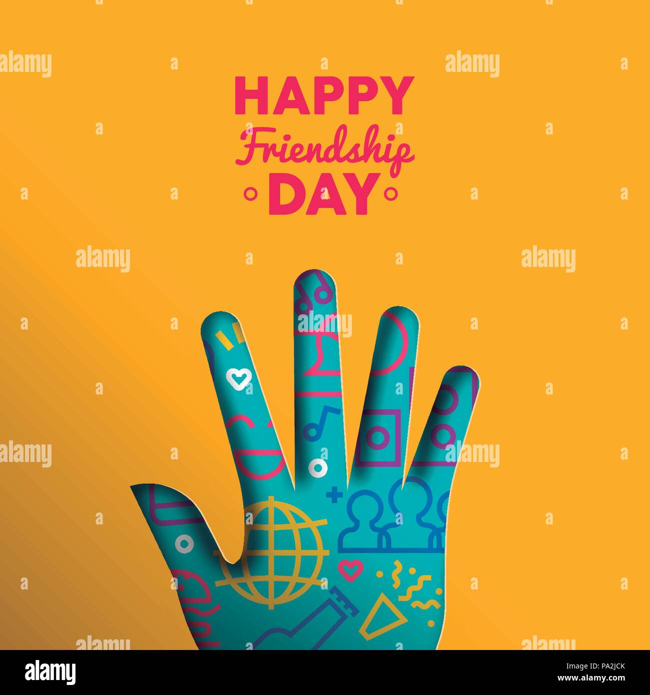 Happy Friendship Day greeting card illustration. Paper cut hand shape ...