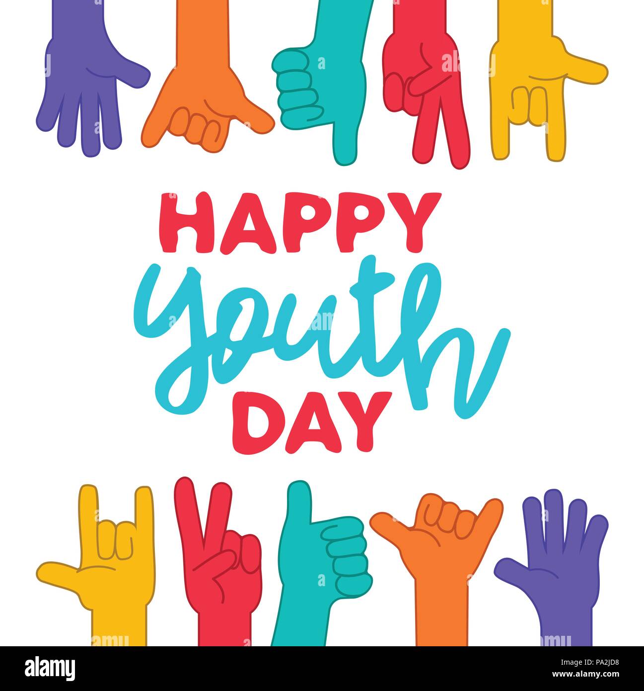 Happy Youth Day greeting card illustration, diverse group hands in ...