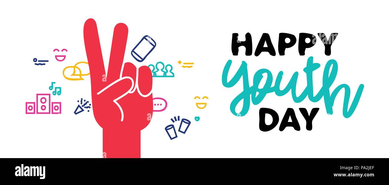 Happy Youth Day web banner illustration, teen hand doing peace sign ...