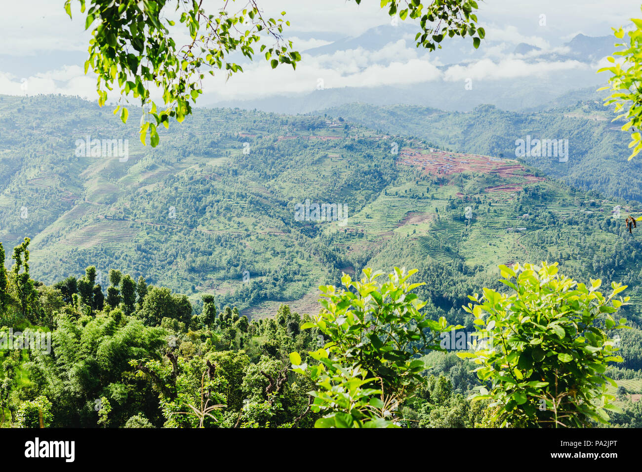 Scenery of beautiful Nepali rural village with mountains and green ...