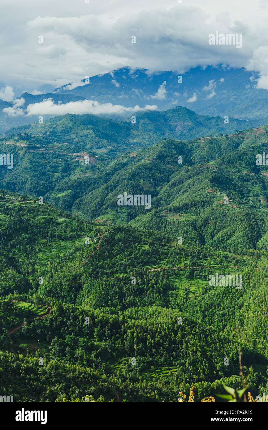 Scenery of beautiful Nepali rural village with mountains and green ...