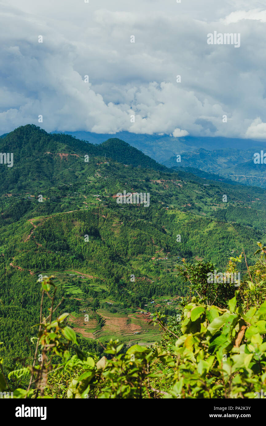 Scenery of beautiful Nepali rural village with mountains and green ...