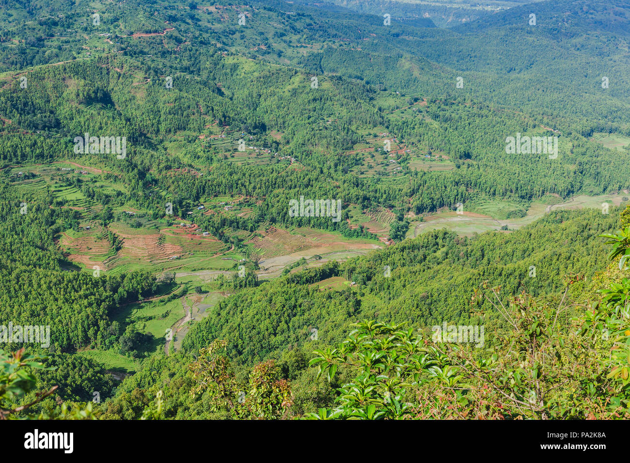 Scenery of beautiful Nepali rural village with mountains and green ...