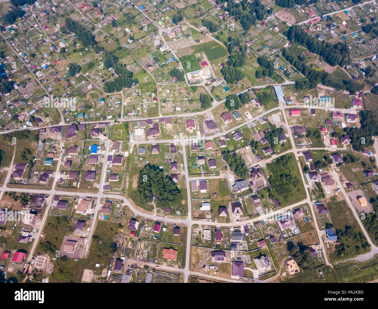 Helicopter drone shot. View from above on a small village, motor road ...