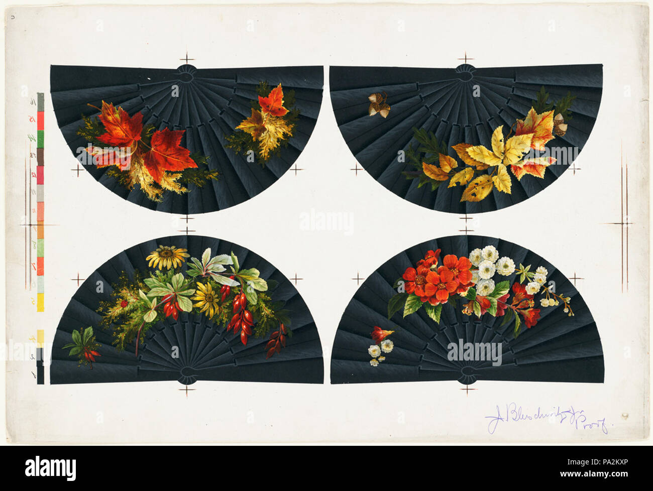 665 Four Fan Designs with Black Background and Floral Decoration ...