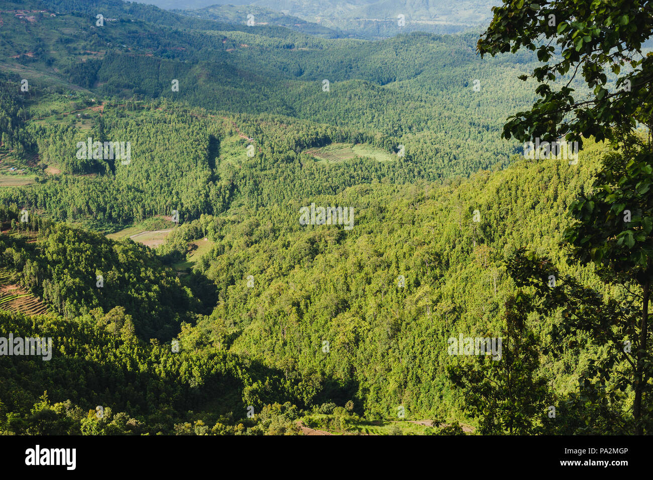 Scenery of beautiful Nepali rural village with mountains and green ...