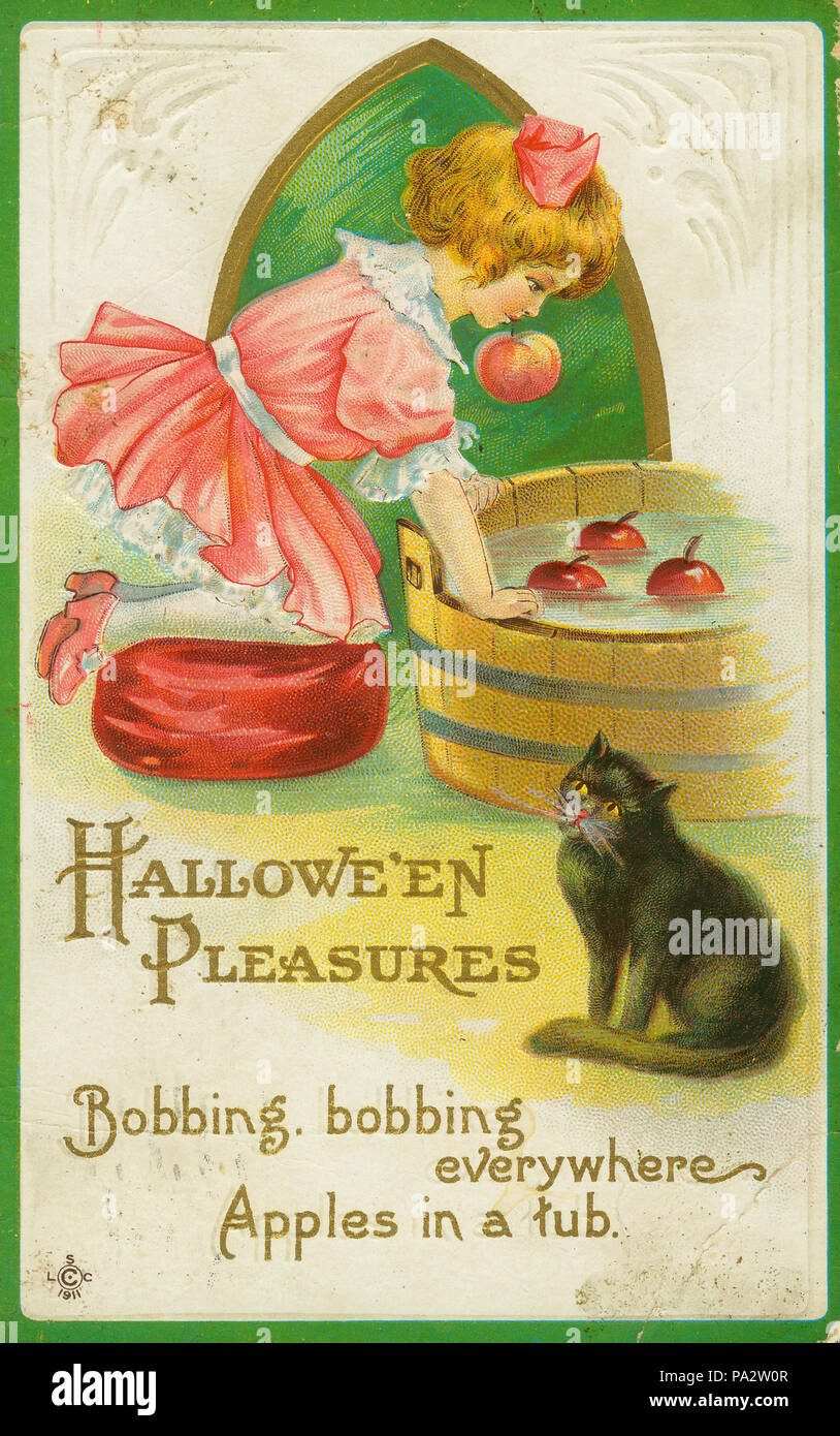 3 "Hallowe'en Pleasures. Bobbing, bobbing everywhere. Apples in a Tub ...