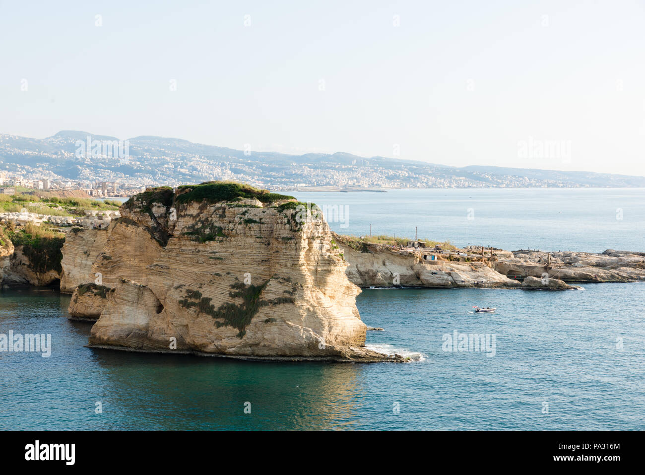 Pigeon's rock natural cliff, a touristic icon of Beirut, Lebanon, seen ...