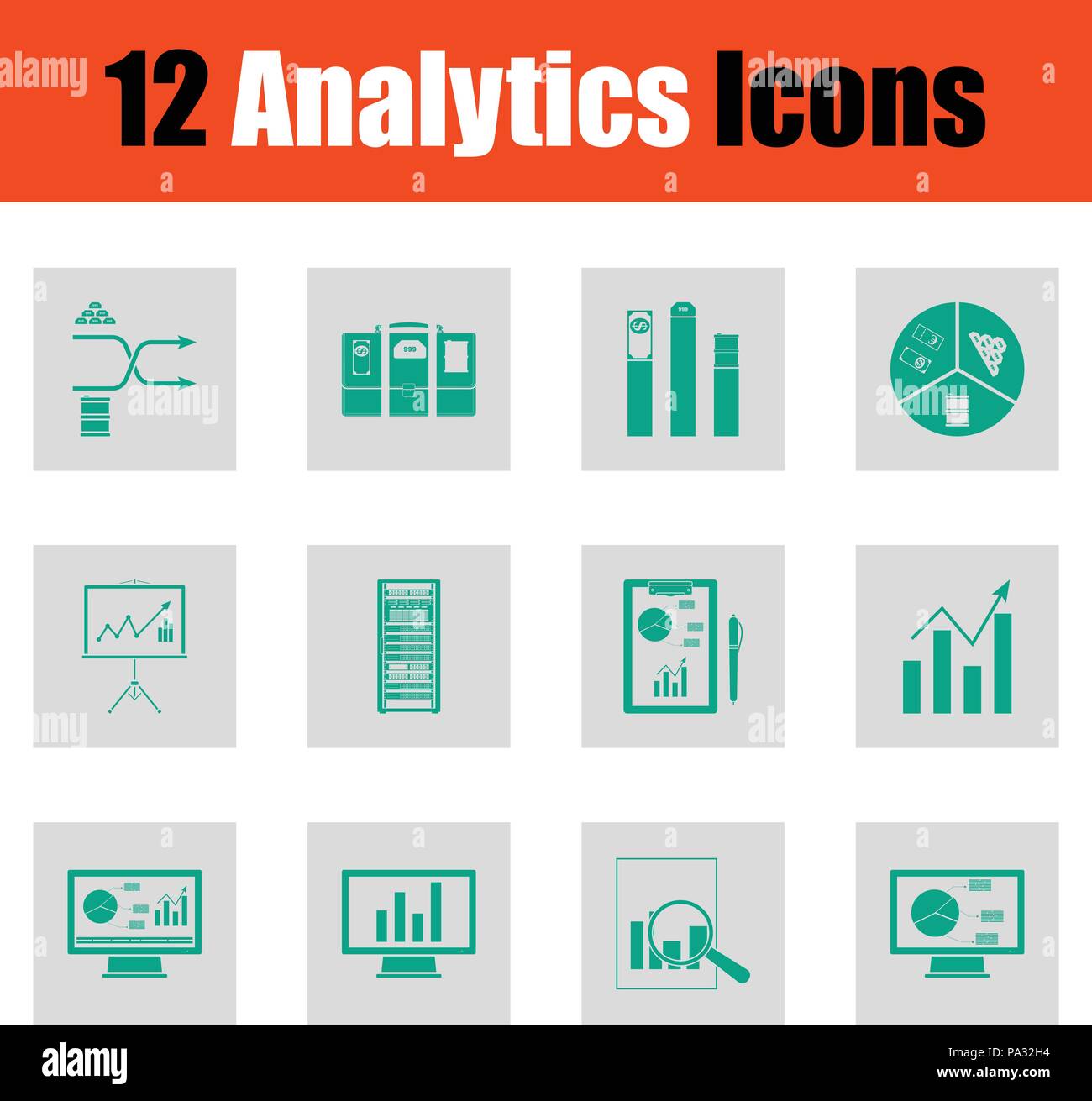 Analytics icon set. Green on gray design. Vector illustration Stock ...