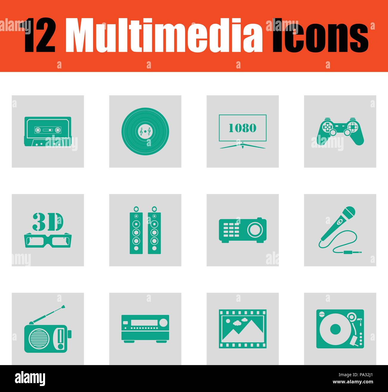 Set of multimedia icons. Green on gray design. Vector illustration ...