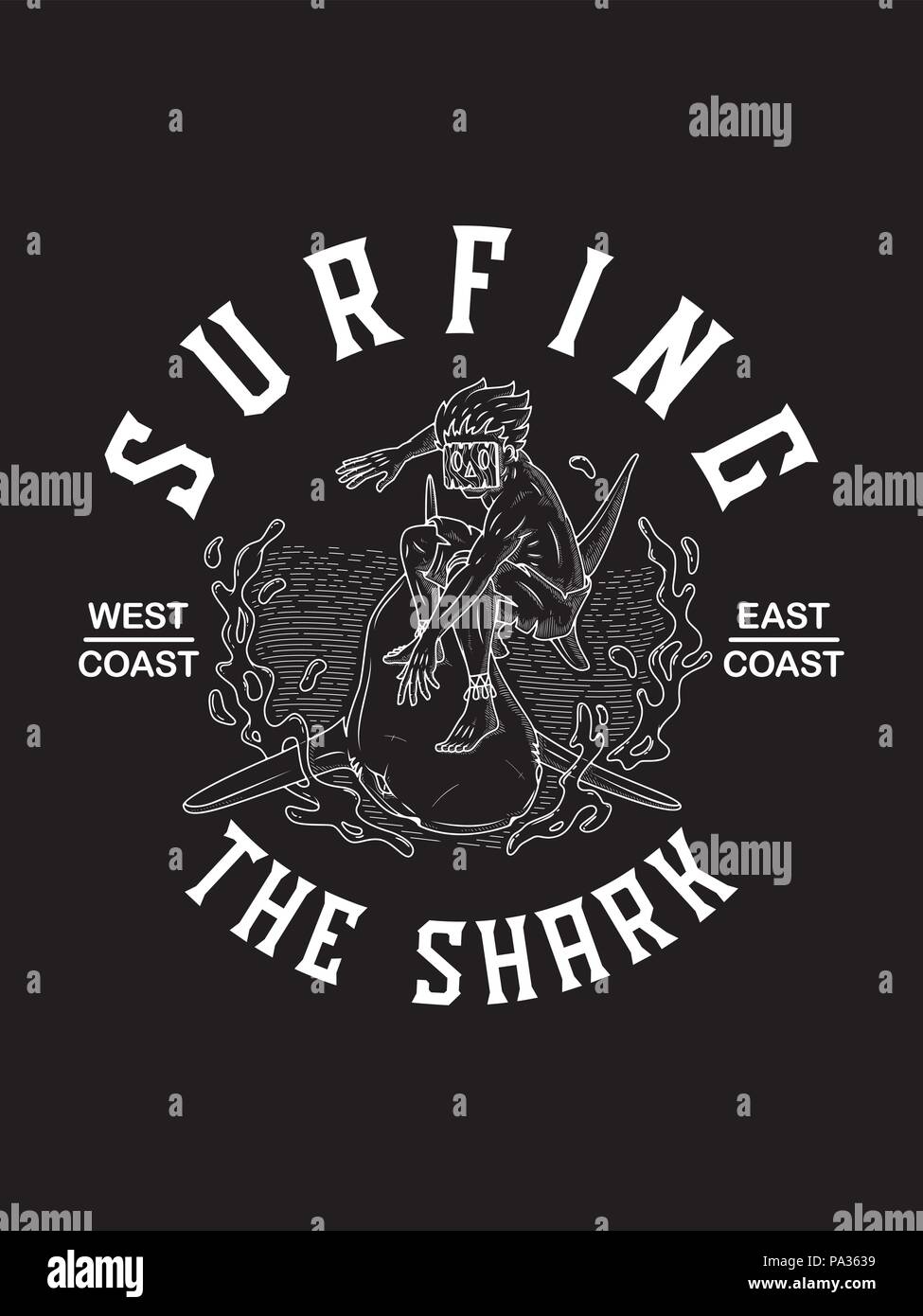 Surfing the shark white on black is a vector illustration of a maui man ...