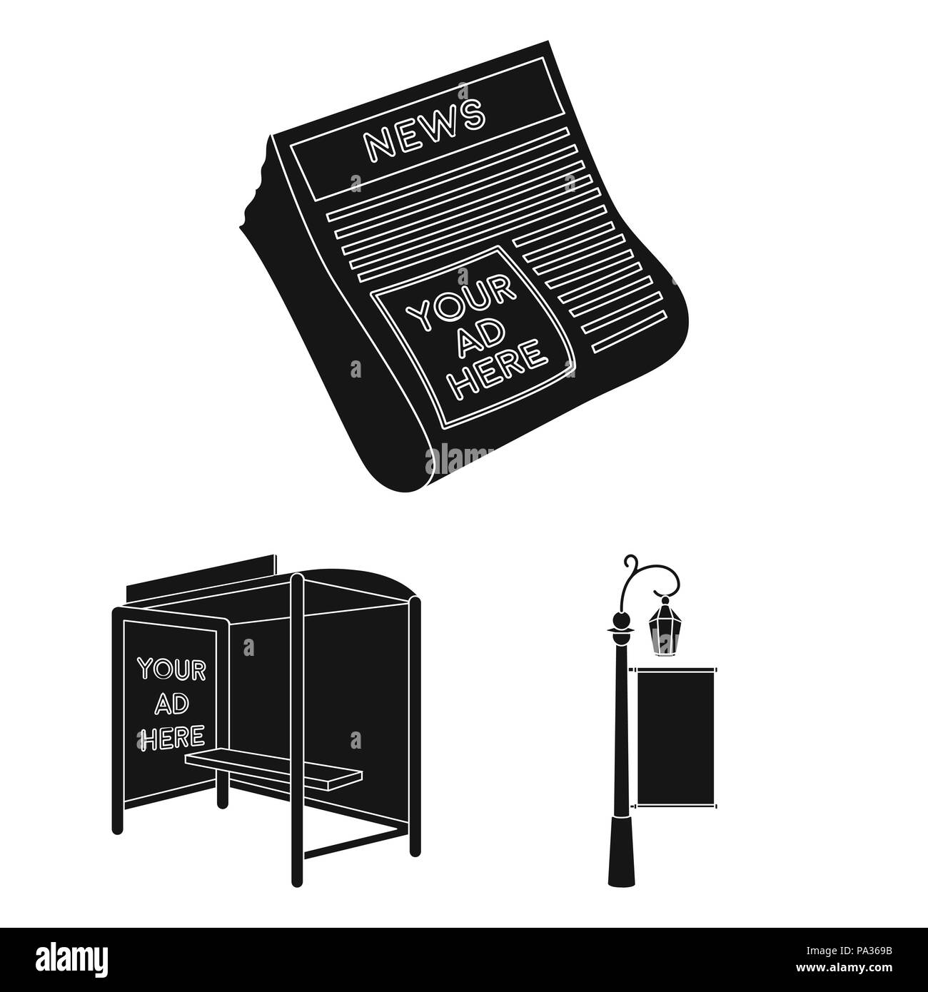 Production of advertising black icons in set collection for design ...